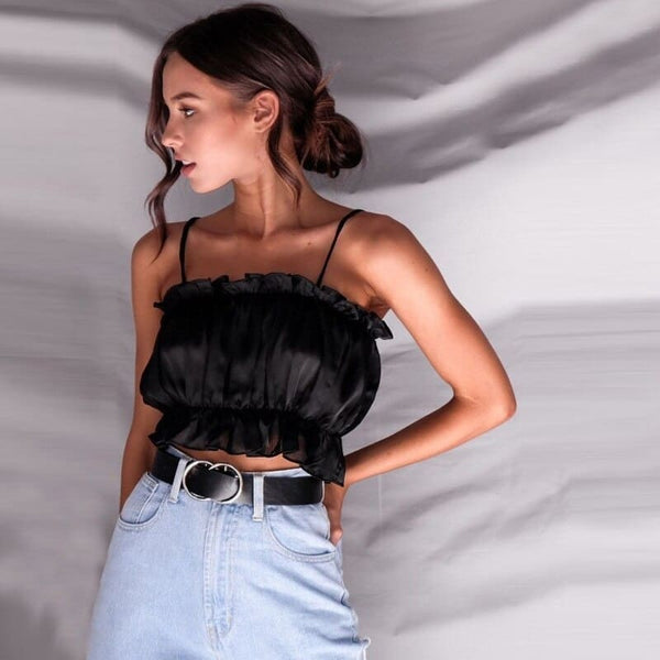 Black Satin Top Spaghetti Straps | Satin Clothing - Satin Paris